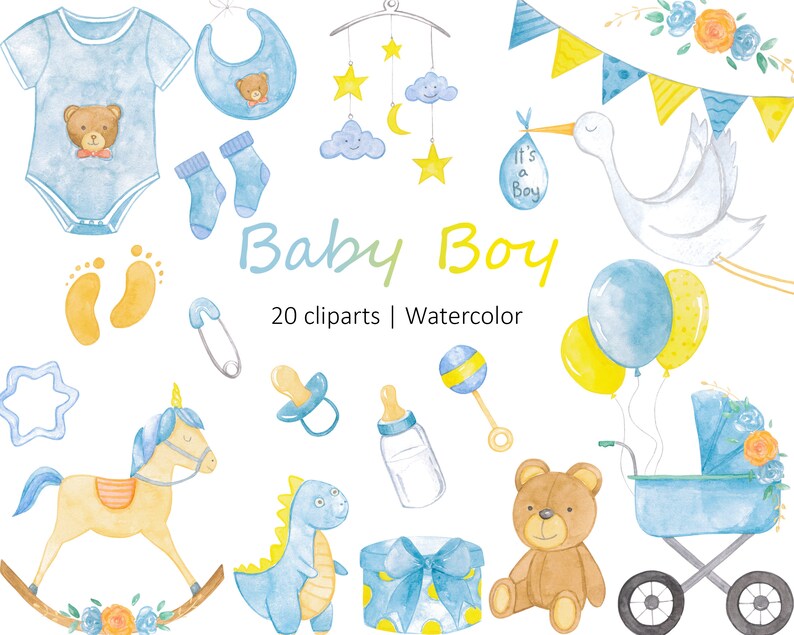 Baby Boy Watercolor Clipart, Watercolor Boys Baby Shower Clipart, Boys ...