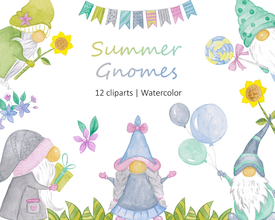 Summer Gnomes Watercolor Clipart, Cute Gnomes Clipart, PNG & JPG ...