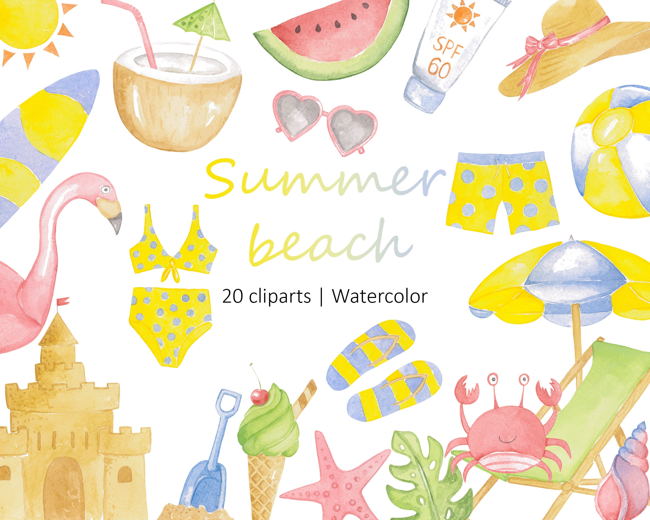 Summer Beach Party Watercolor Clipart, Beach Day Clipart, Summer ...