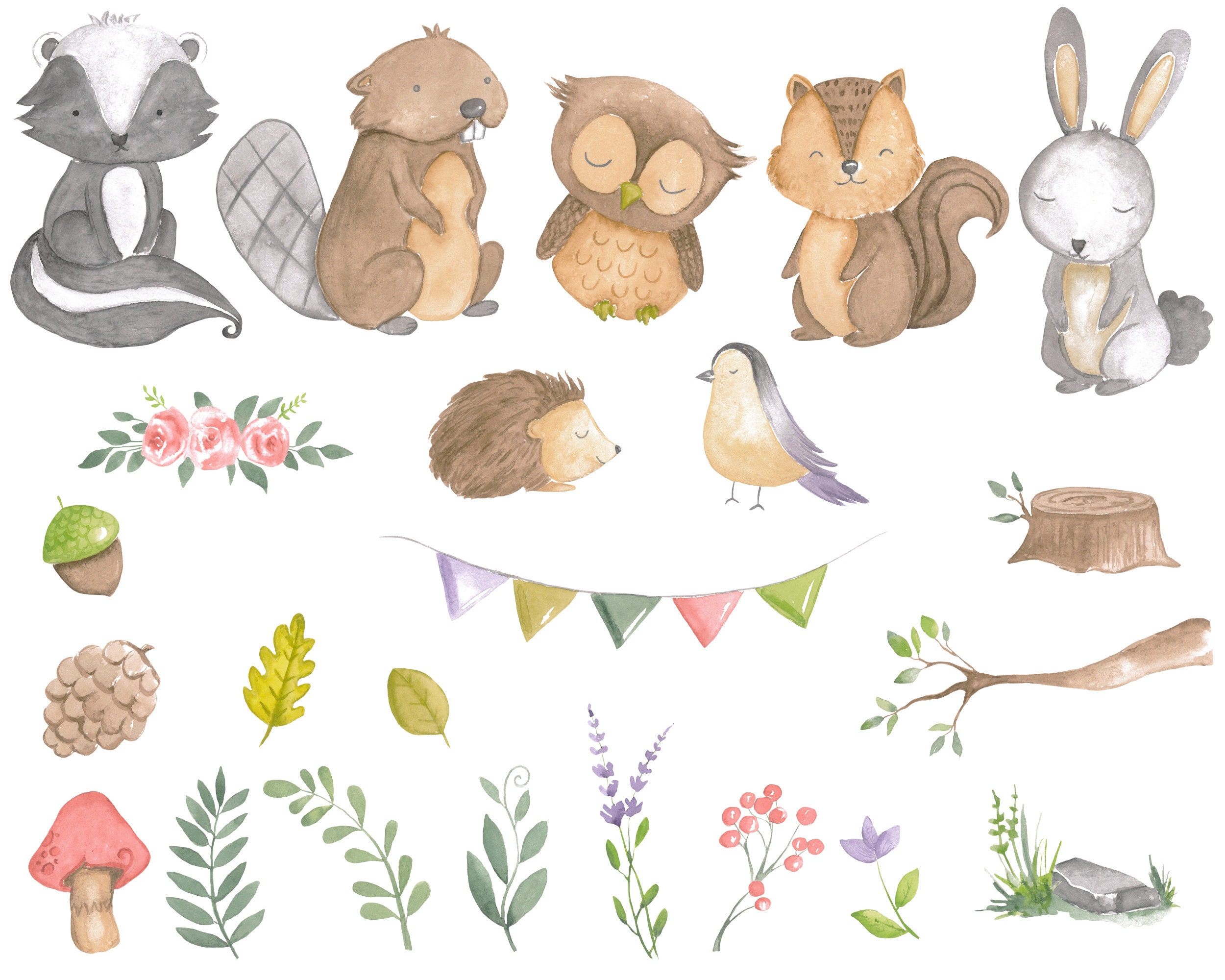 Woodland Animals Watercolor Clipart Woodland Nursery - Etsy