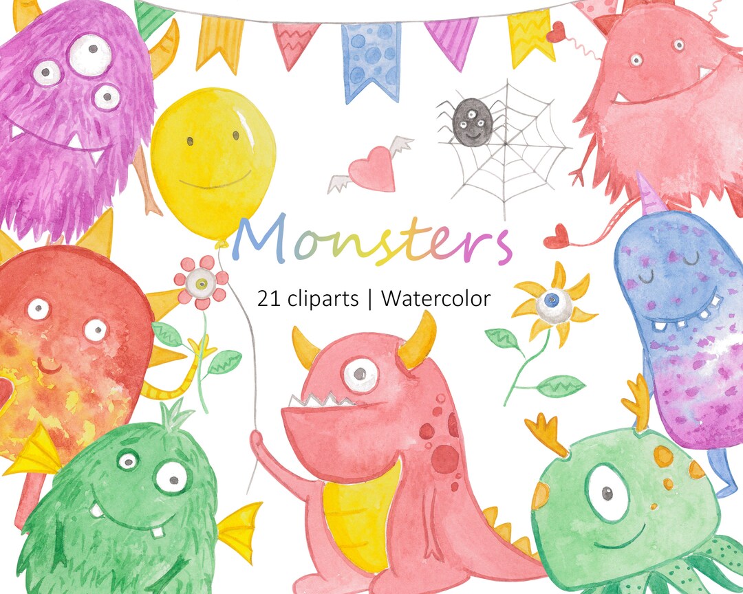 Cute Monsters Watercolor Clipart Monster Birthday Clipart - Etsy