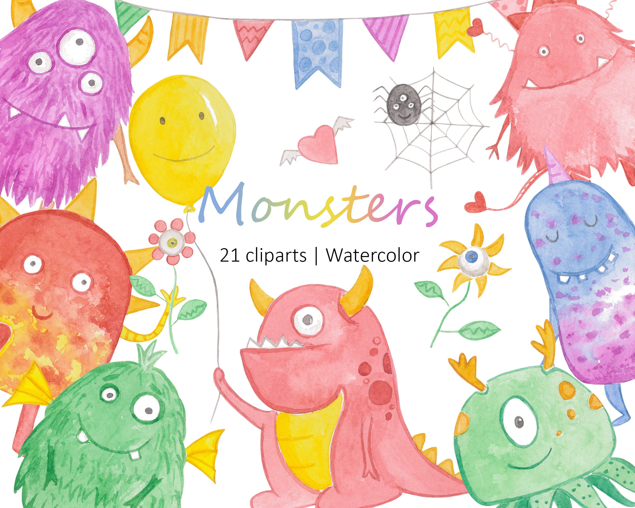 Cute Monsters Watercolor Clipart, Monster Birthday Clipart, Watercolor ...