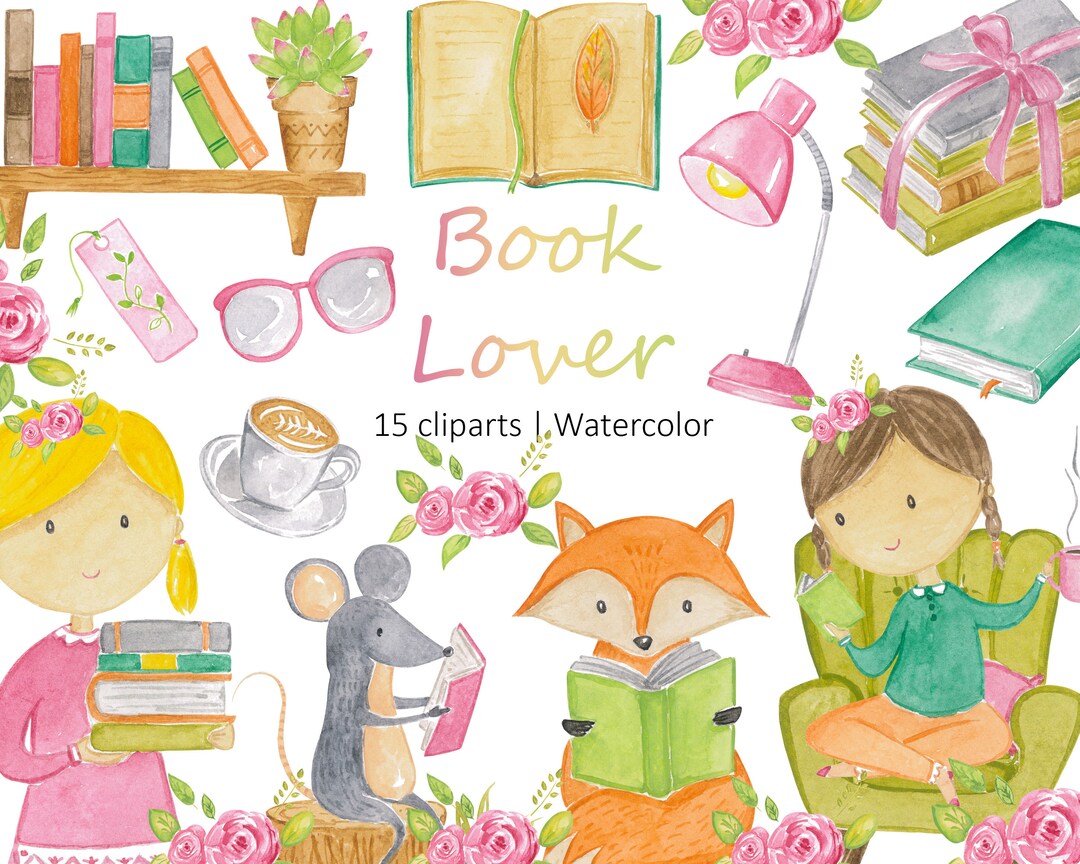 Book Lover Watercolor Clipart, Back to School Clipart Set, Watercolor ...