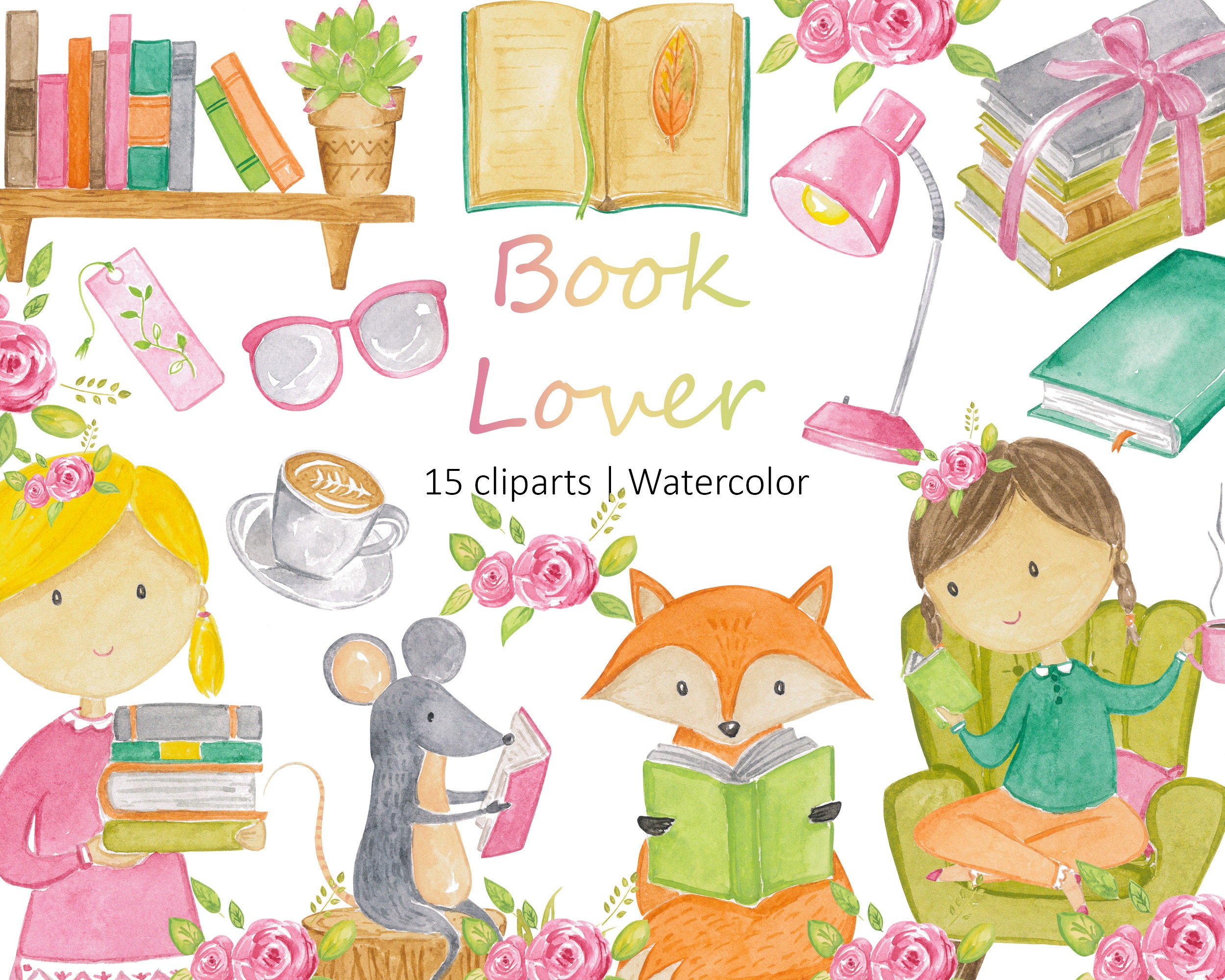 Book Lover Watercolor Clipart, Back to School Clipart Set, Watercolor ...