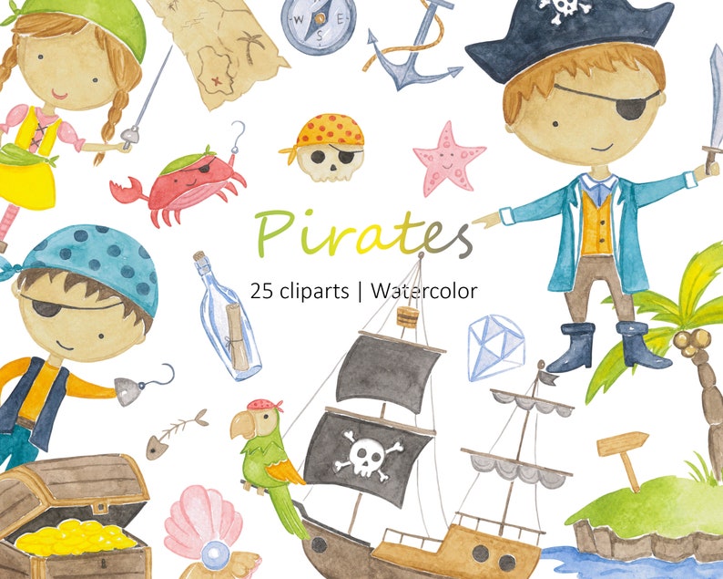 Little Pirates Watercolor Clipart, Pirate Animals Clipart, PNG & JPG ...
