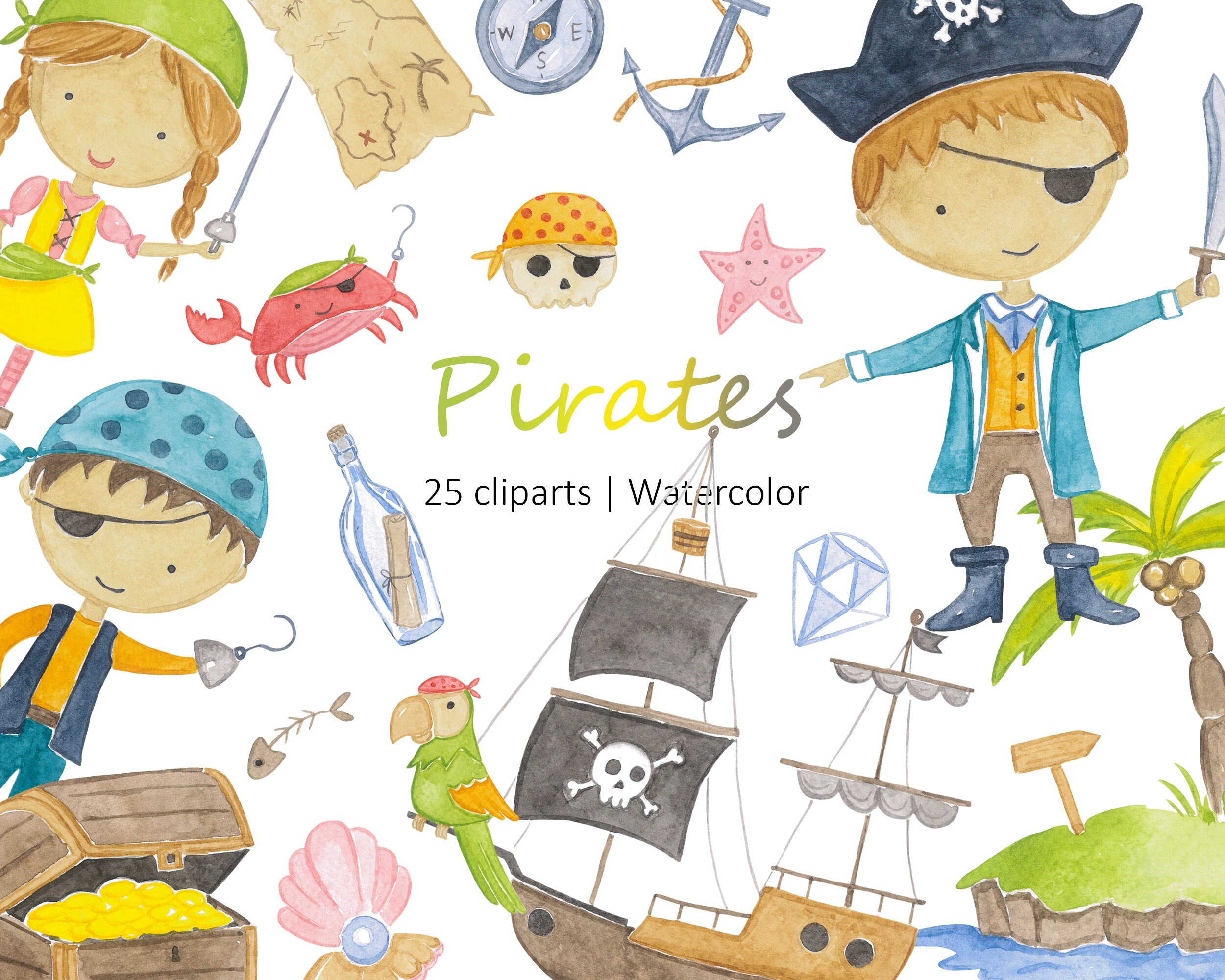 Little Pirates Watercolor Clipart, Pirate Animals Clipart, PNG & JPG ...
