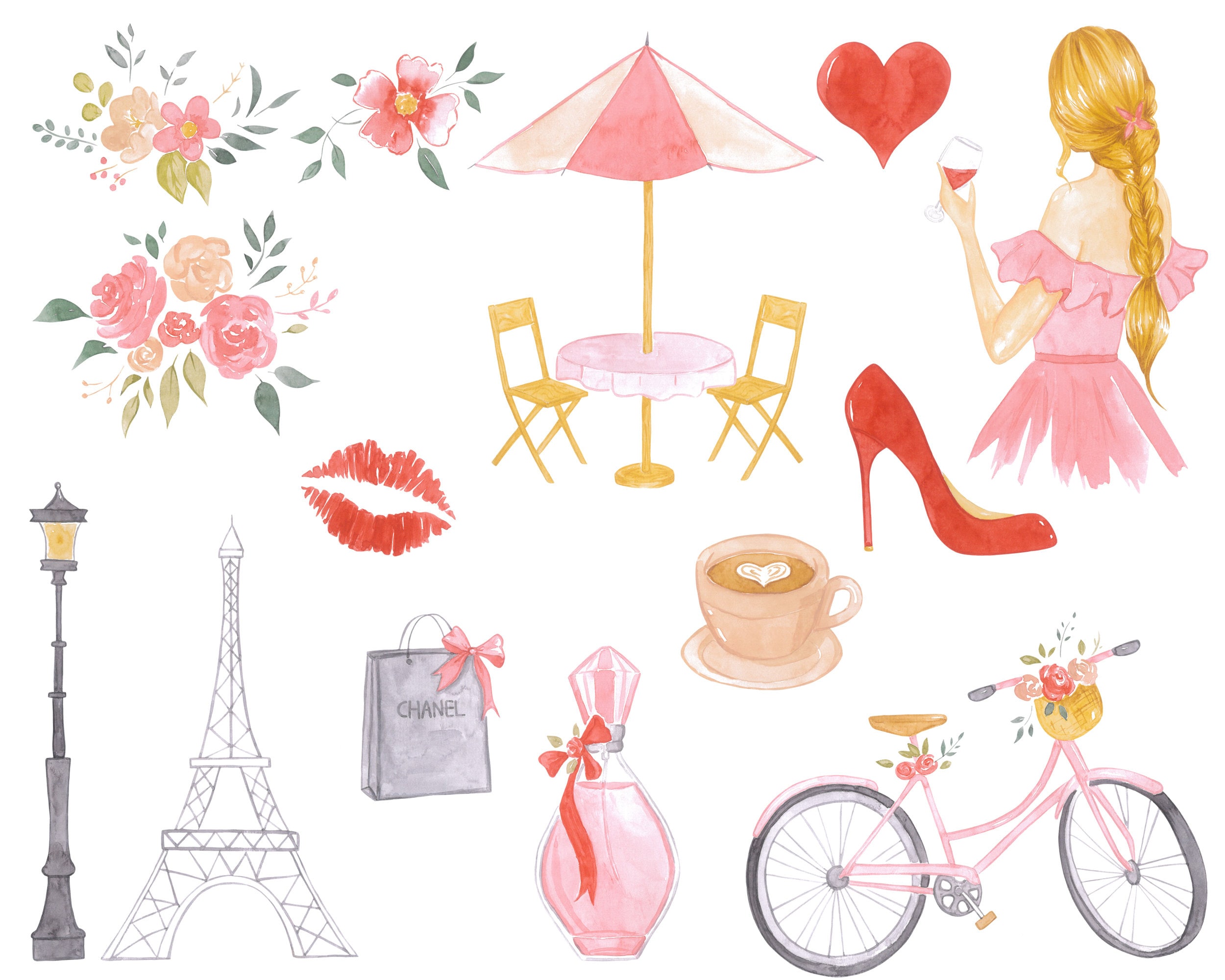 Paris Watercolor Clipart, Watercolor French Style, Floral Paris Clipart ...