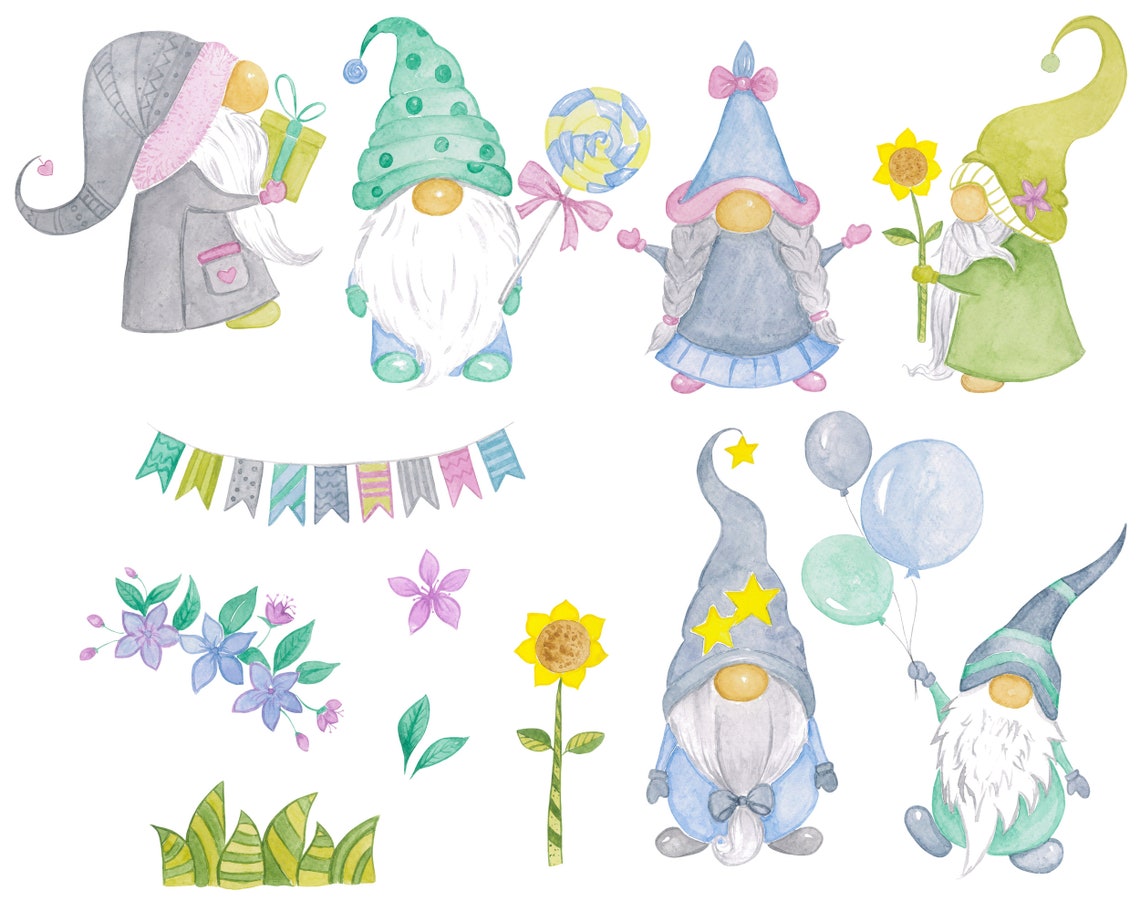 Summer Gnomes Watercolor Clipart, Cute Gnomes Clipart, PNG & JPG ...