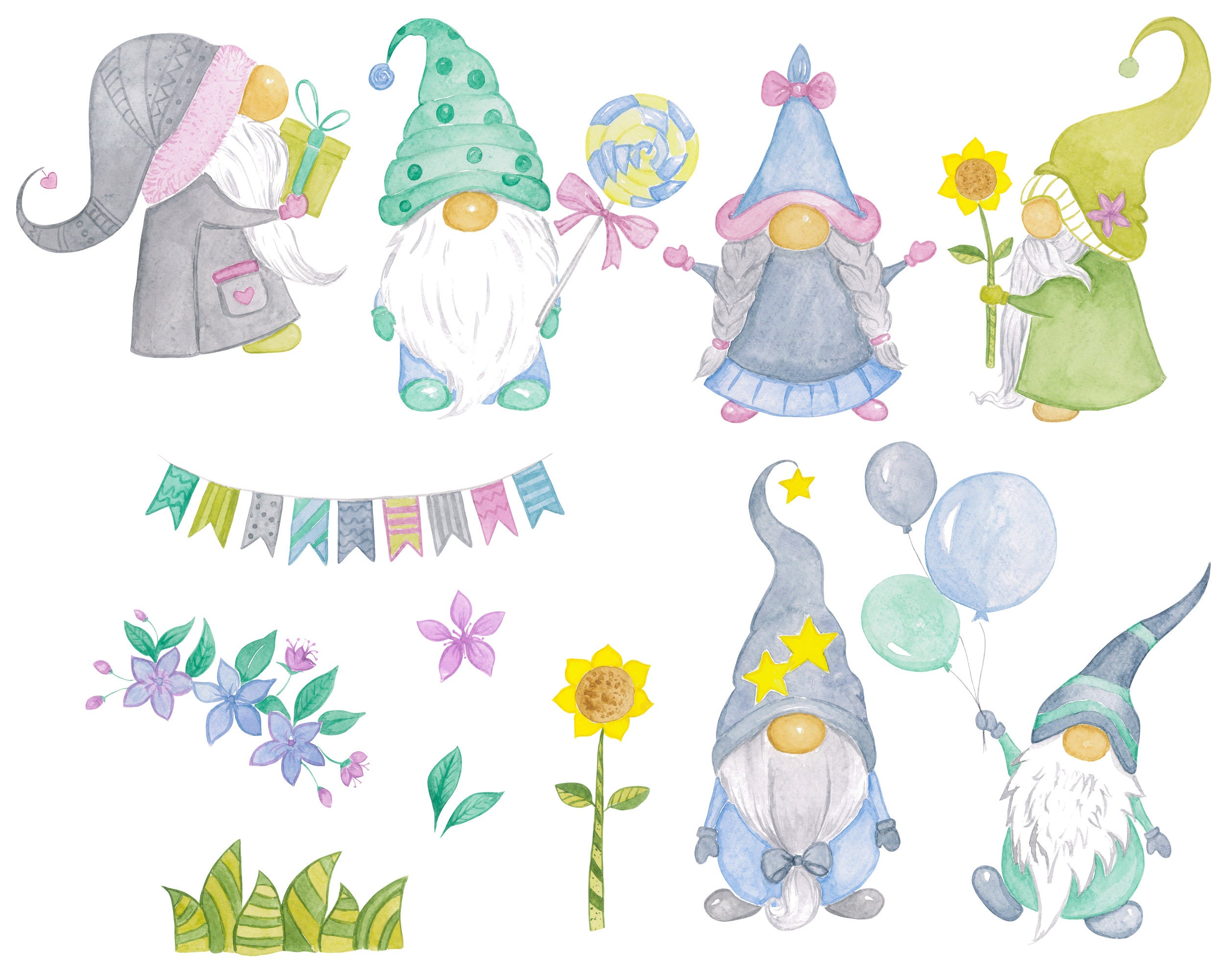 Summer Gnomes Watercolor Clipart, Cute Gnomes Clipart, PNG & JPG ...