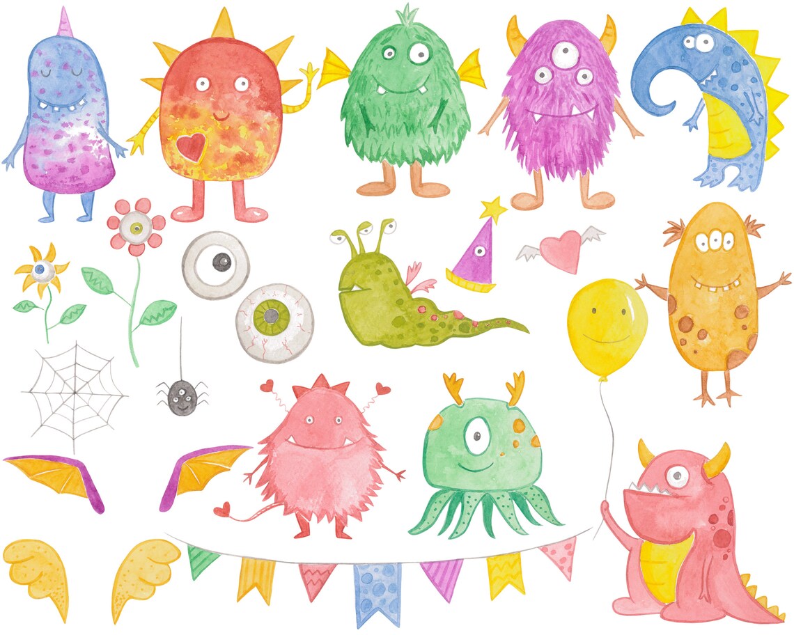 Cute Monsters Watercolor Clipart Monster Birthday Clipart | Etsy