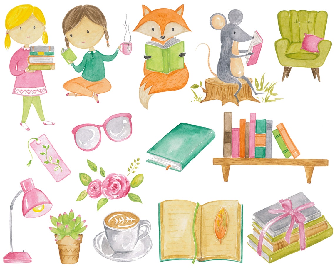 Book Lover Watercolor Clipart, Back to School Clipart Set, Watercolor ...