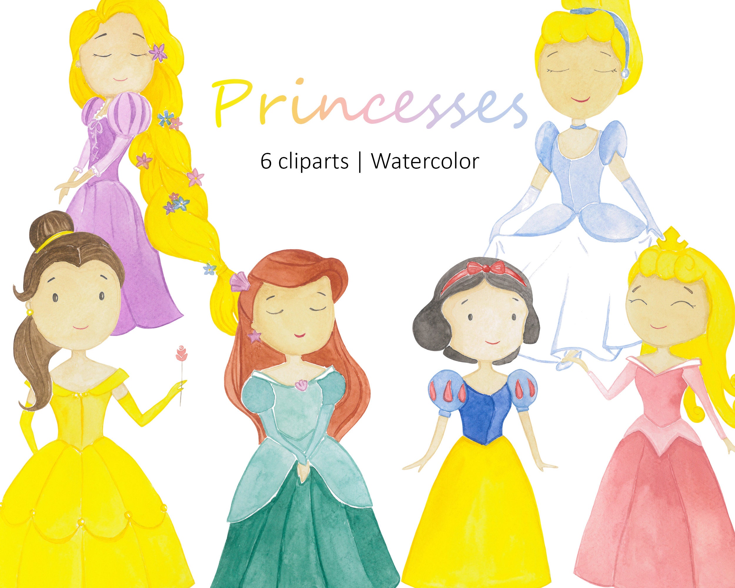Cute Princesses Watercolor Clipart Little Girls Clipart | Etsy