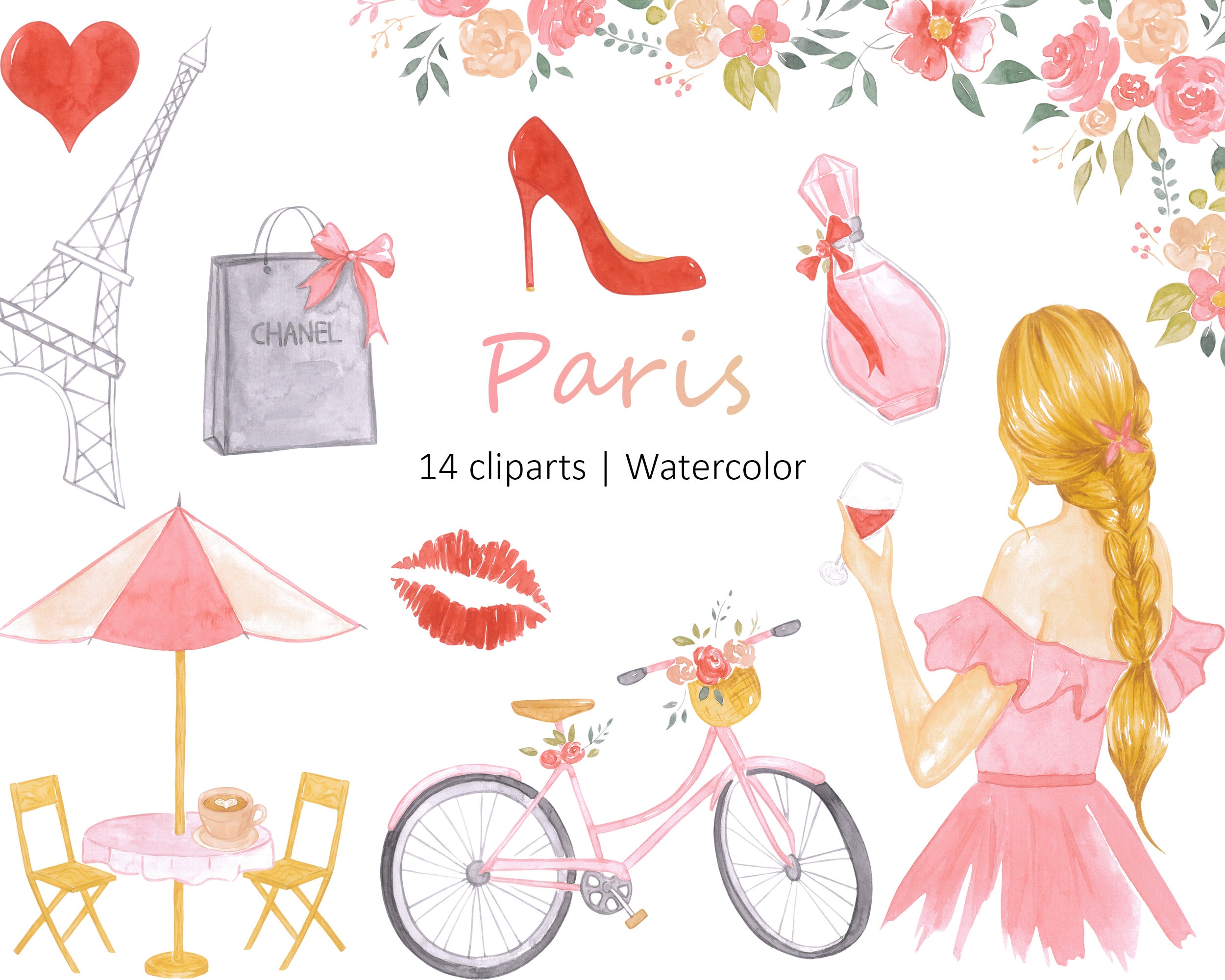 Paris Watercolor Clipart, Watercolor French Style, Floral Paris Clipart ...