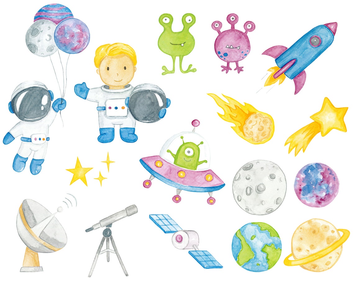 Astronaut and Space Watercolor Clipart, Space Collection Clipart ...