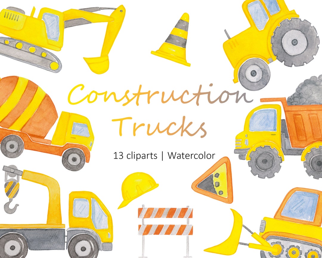 Construction Trucks Watercolor Clipart, Construction Vehicles Art ...