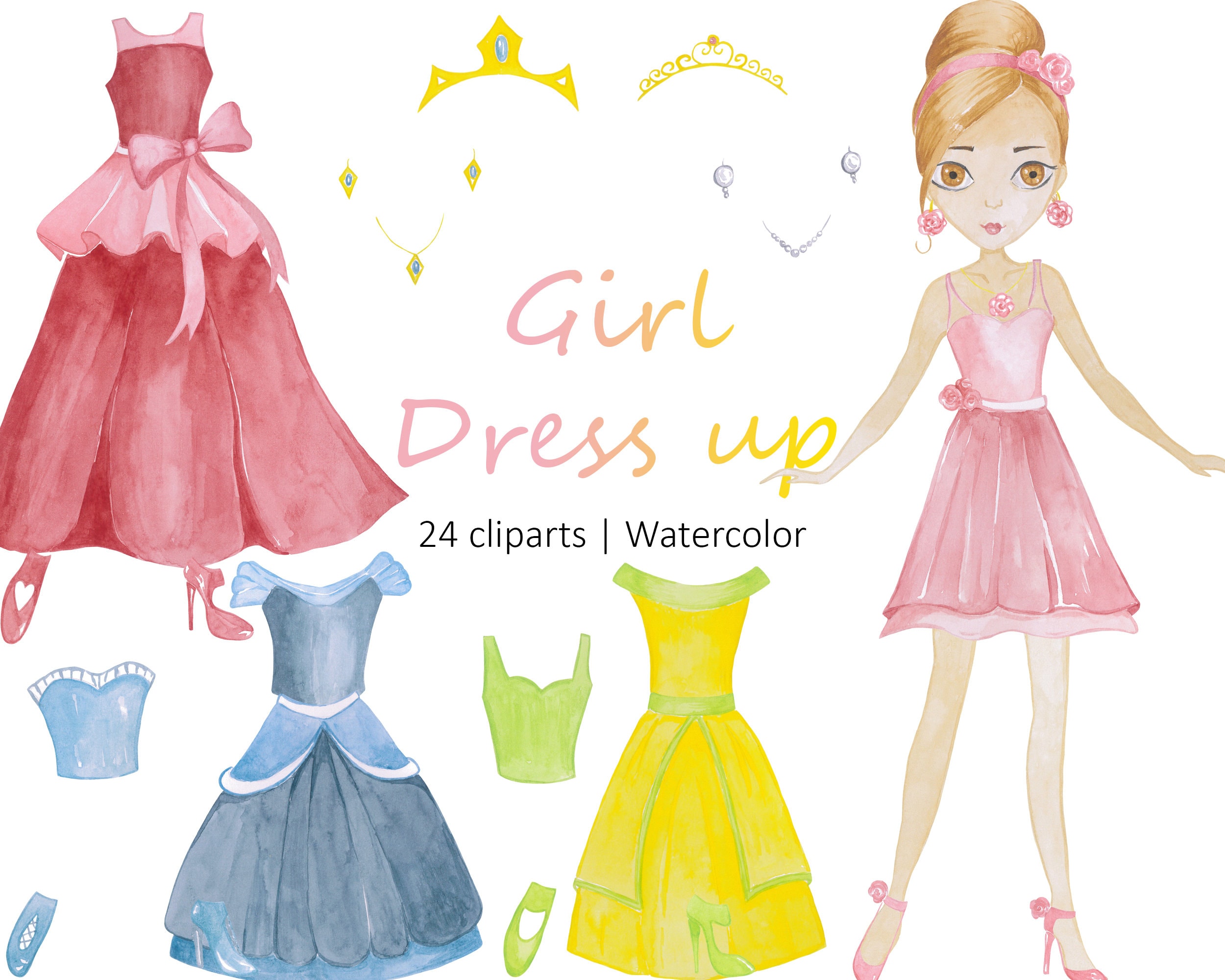 Girl Dress up Clipart, Watercolor Dress Up, Princess Dress up Clipart ...
