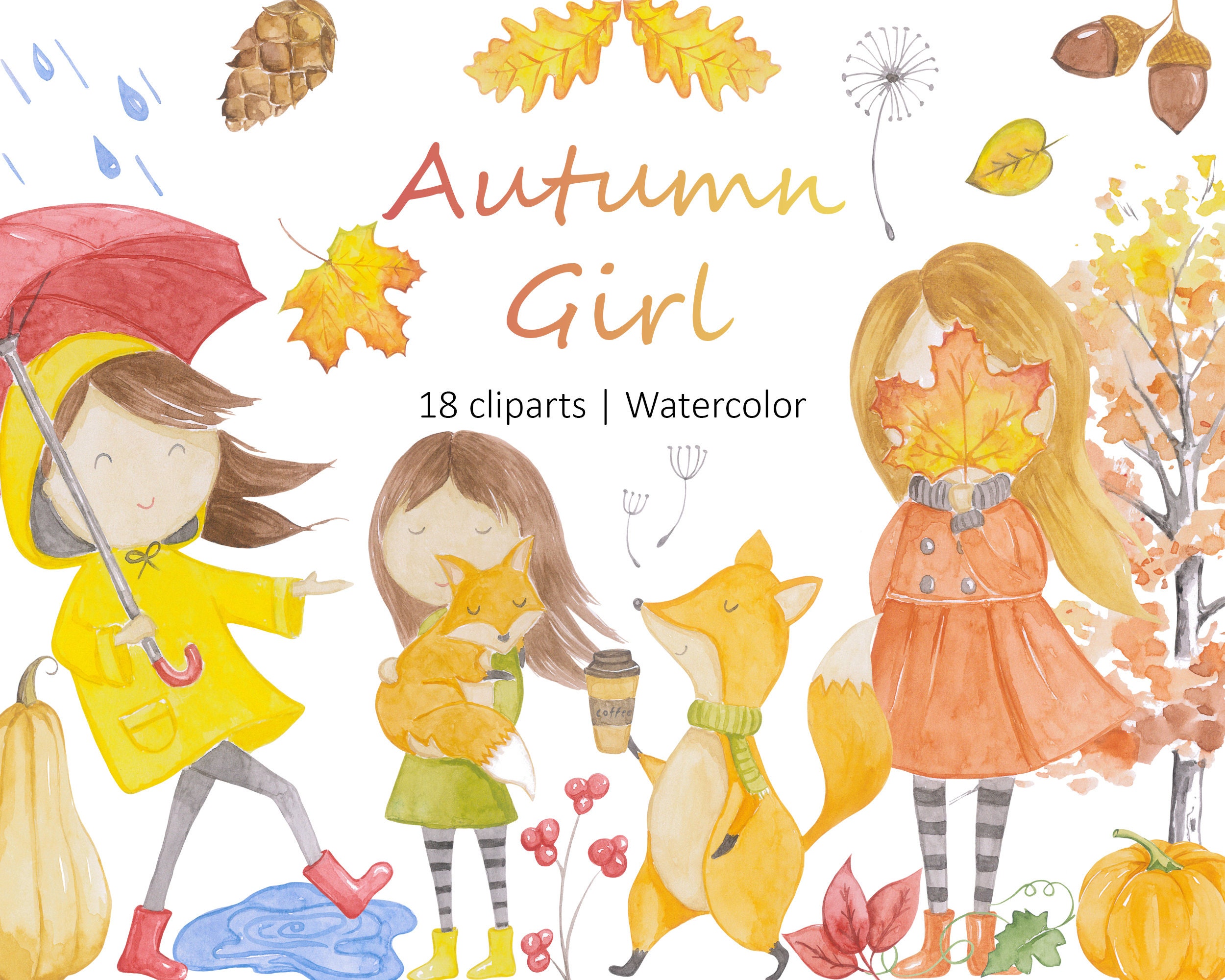 Little Autumn Watercolor Clipart Autumn Girl Clipart - Etsy