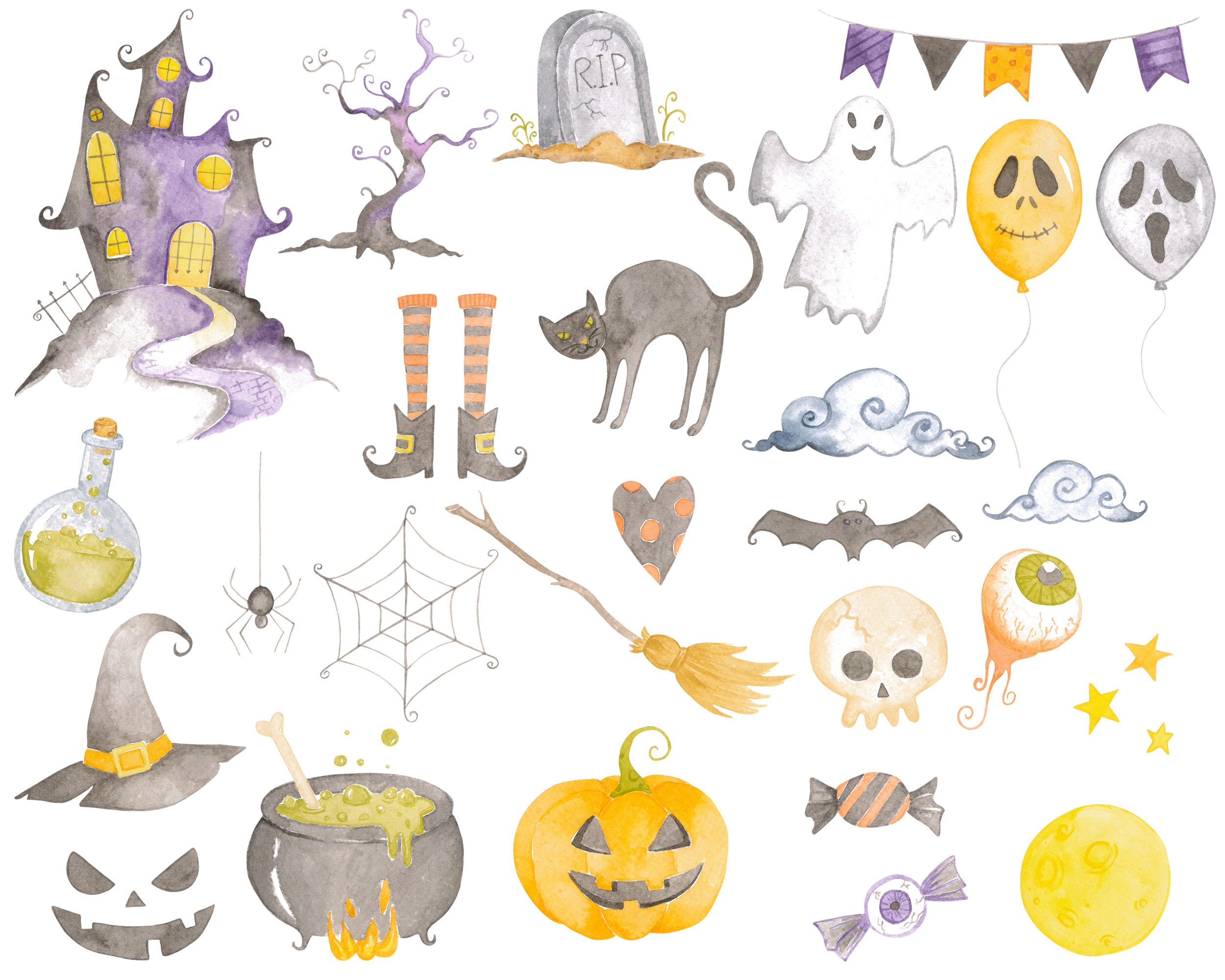Halloween Watercolor Clipart, Halloween Party Clipart, Watercolor ...