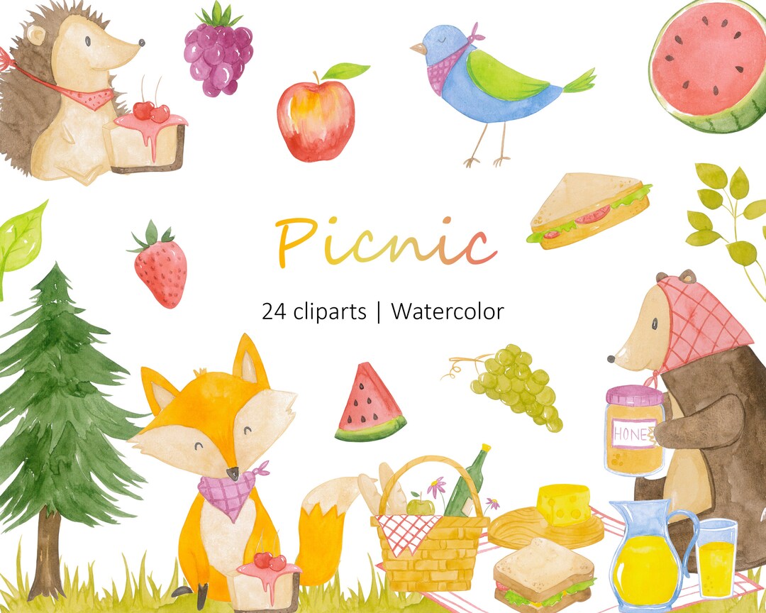 Picnic Watercolor Clipart, Watercolor Animals Picnic Clipart, PNG & JPG ...