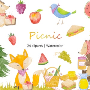 Picnic Watercolor Clipart, Watercolor Animals Picnic Clipart, PNG & JPG ...