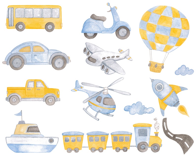 Transportation Watercolor Clipart, Kids Transport Party Clipart ...