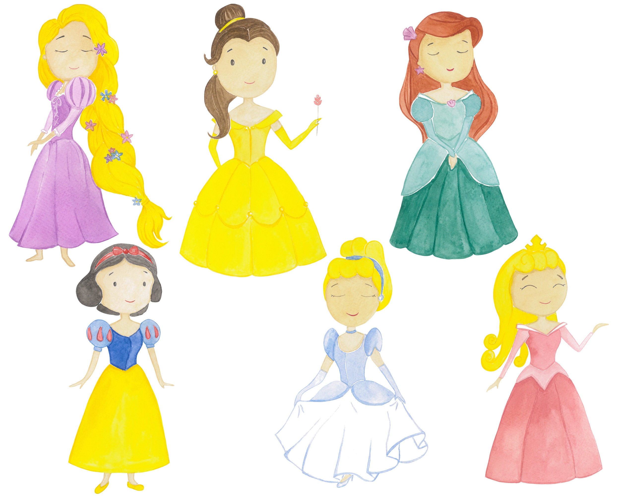 Cute Princesses Watercolor Clipart Little Girls Clipart | Etsy