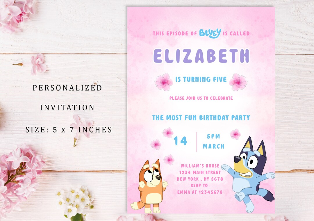 Pink Bluey Birthday Invitation, Bluey Party Invite, Personalized ...