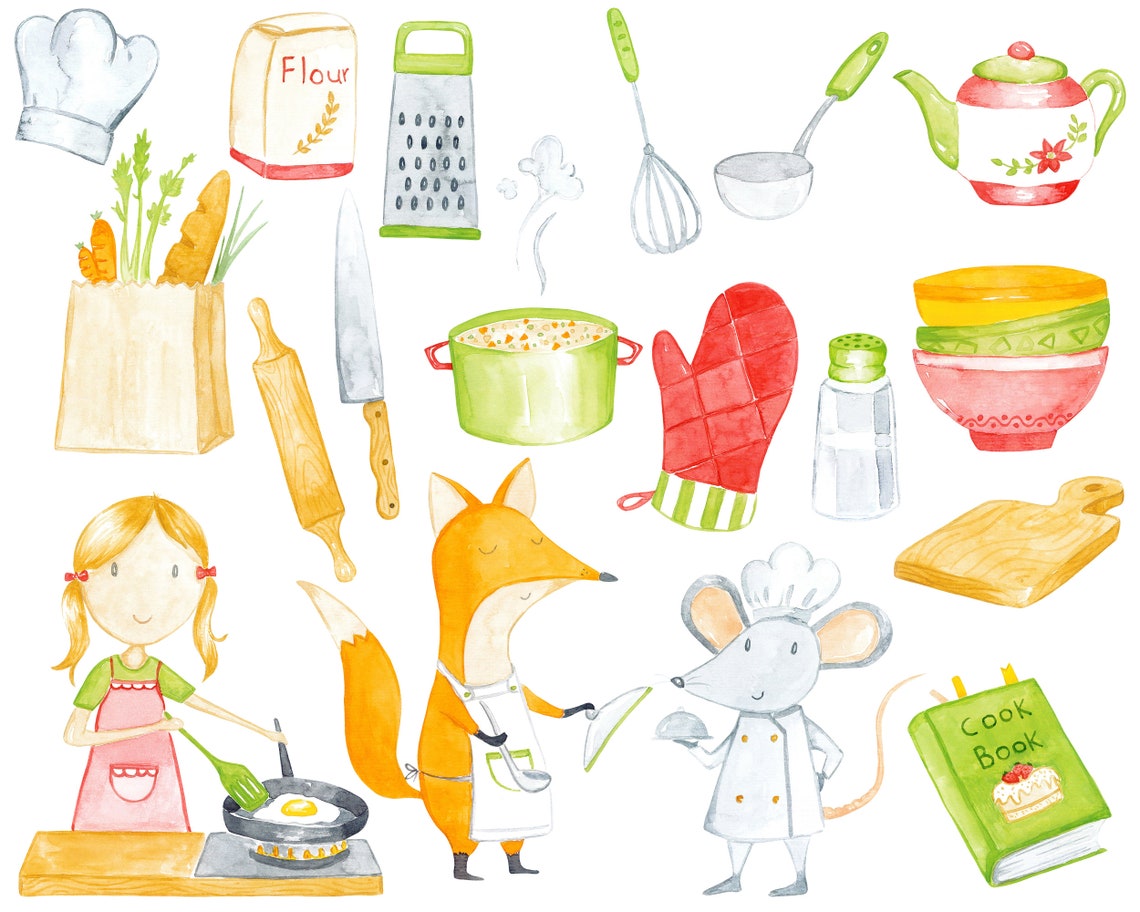 Cooking Watercolor Clipart, Watercolor Chef Clipart, Cooking Supplies ...