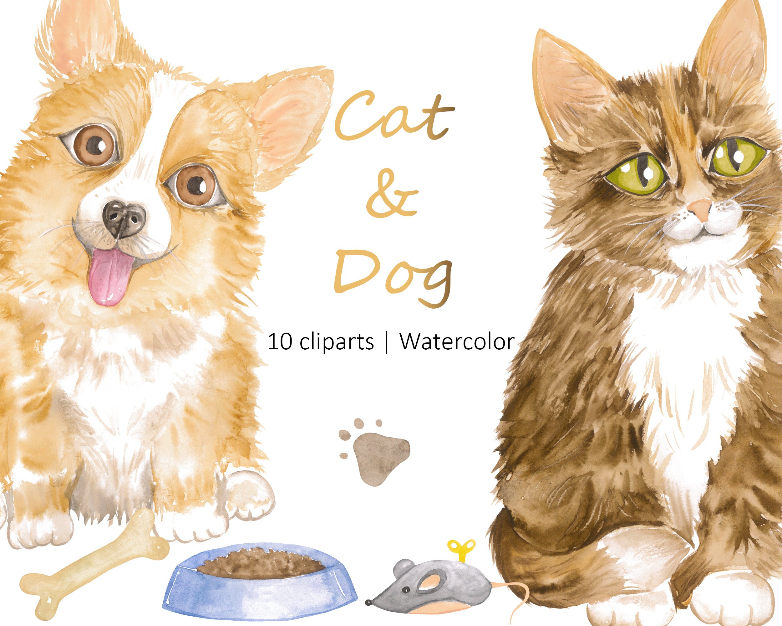 Cat and Dog Watercolor Clipart, Watercolor Pet Animals Clipart, PNG ...