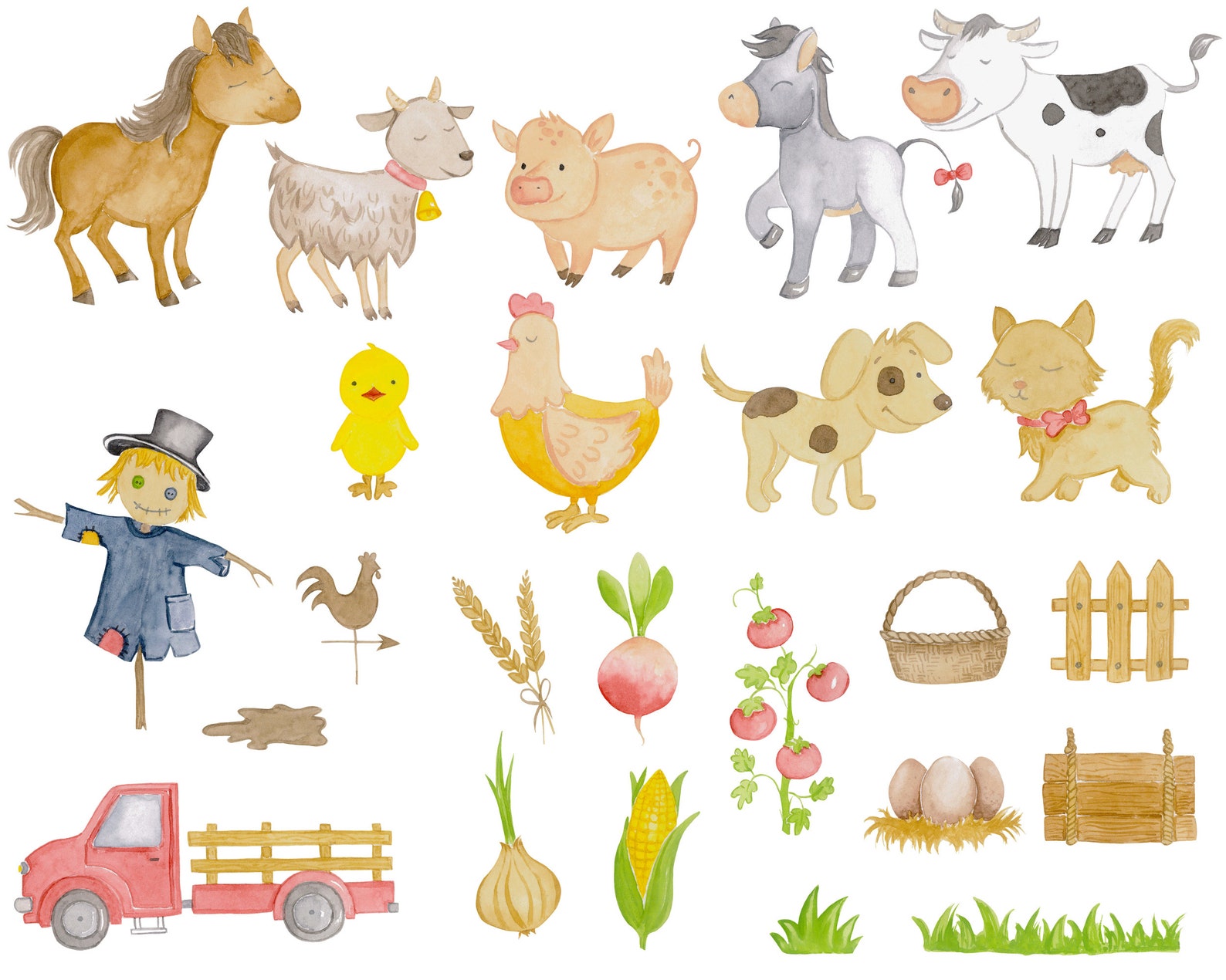 Cute Farm Watercolor Clipart, Farm Animals Watercolor Clipart, Nursery ...