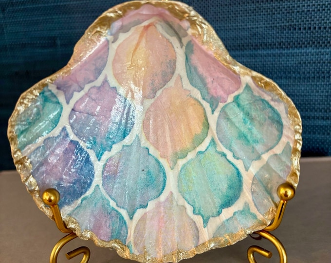 Decoupage Scallop Shell, Seashell Ring Trinket Dish, Pink and Blue ...