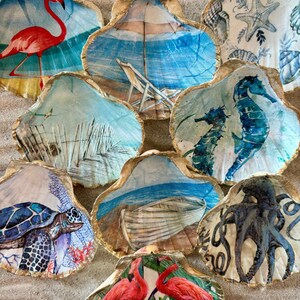 Decoupage Scallop Shell, Seashell Ring Trinket Dish, Beach Scene ...