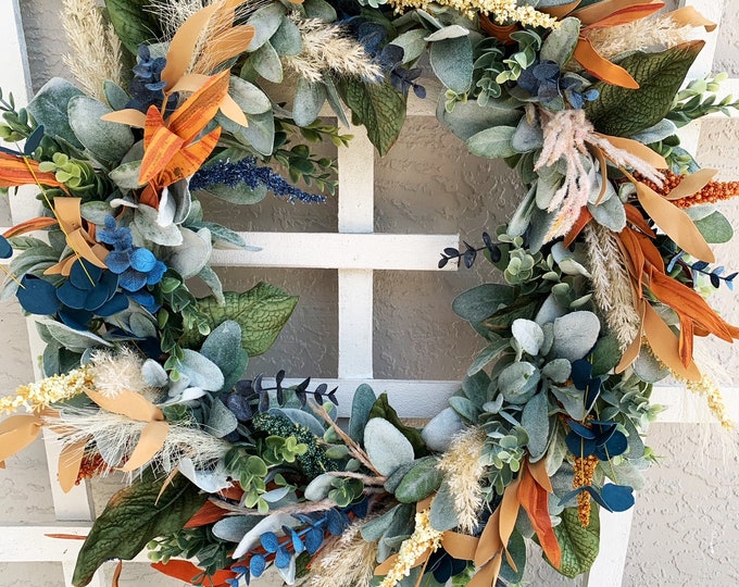 Blue and Copper Fall Pumpkin Wreath Pheasant Feather Wreath - Etsy