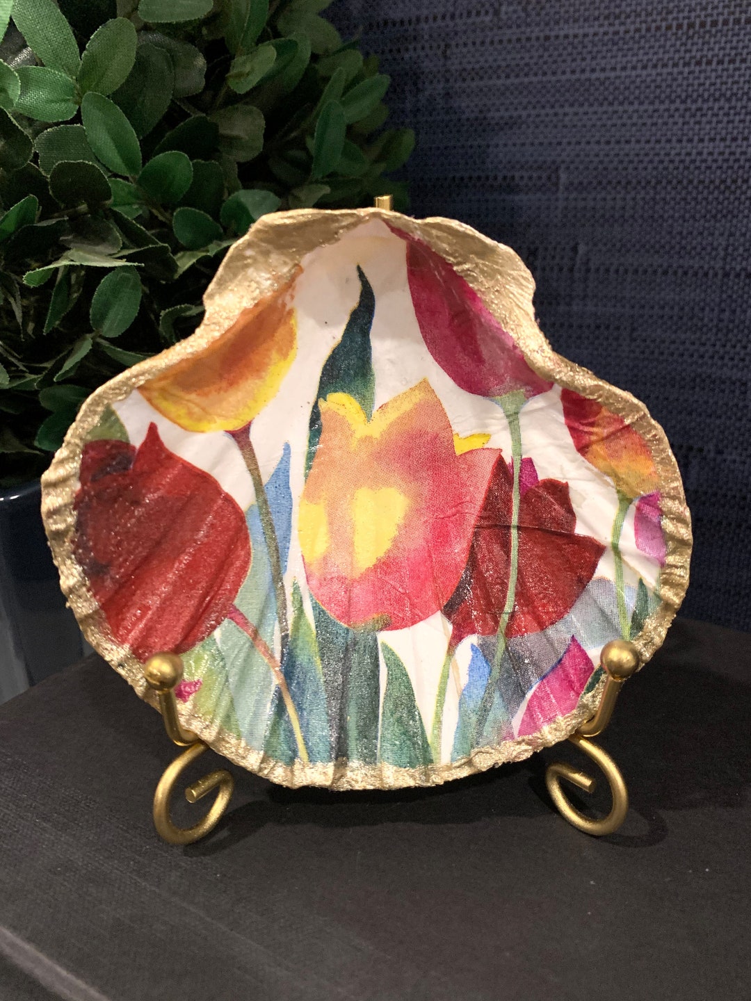 Decoupage Scallop Shell, Seashell Ring Trinket Dish, Red Flower ...