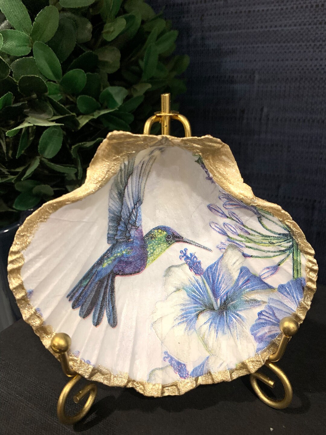 Decoupage Scallop Shell, Seashell Trinket Ring Dish, Hummingbird ...