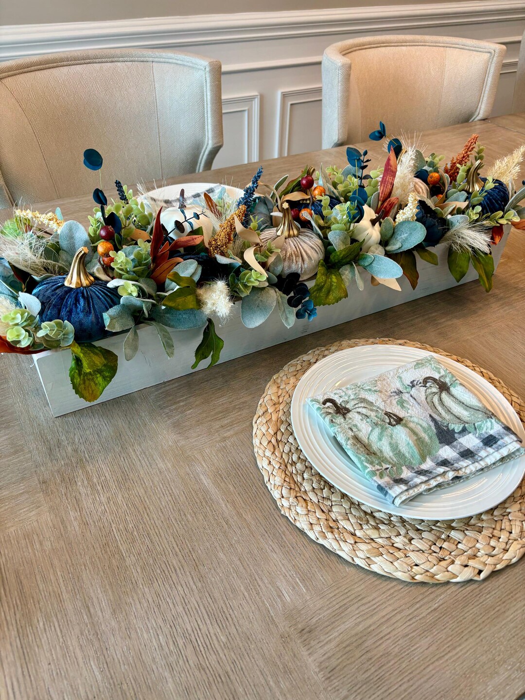 Blue Fall Centerpiece, Fall Pumpkin Table Arrangement, Autumn ...