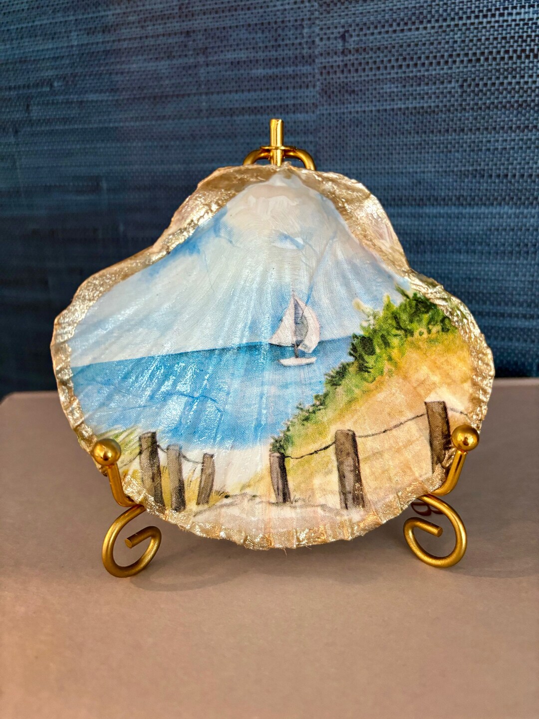 Decoupage Scallop Shell, Seashell Ring Trinket Dish, Beach Scene ...