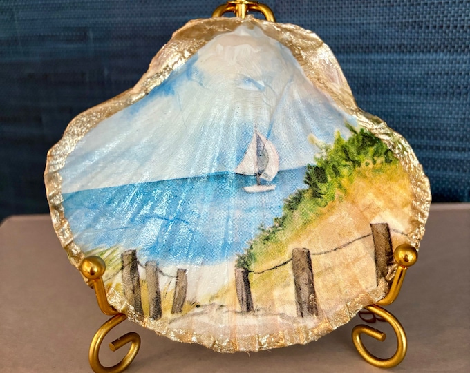 Decoupage Scallop Shell, Seashell Ring Trinket Dish, Beach Scene ...