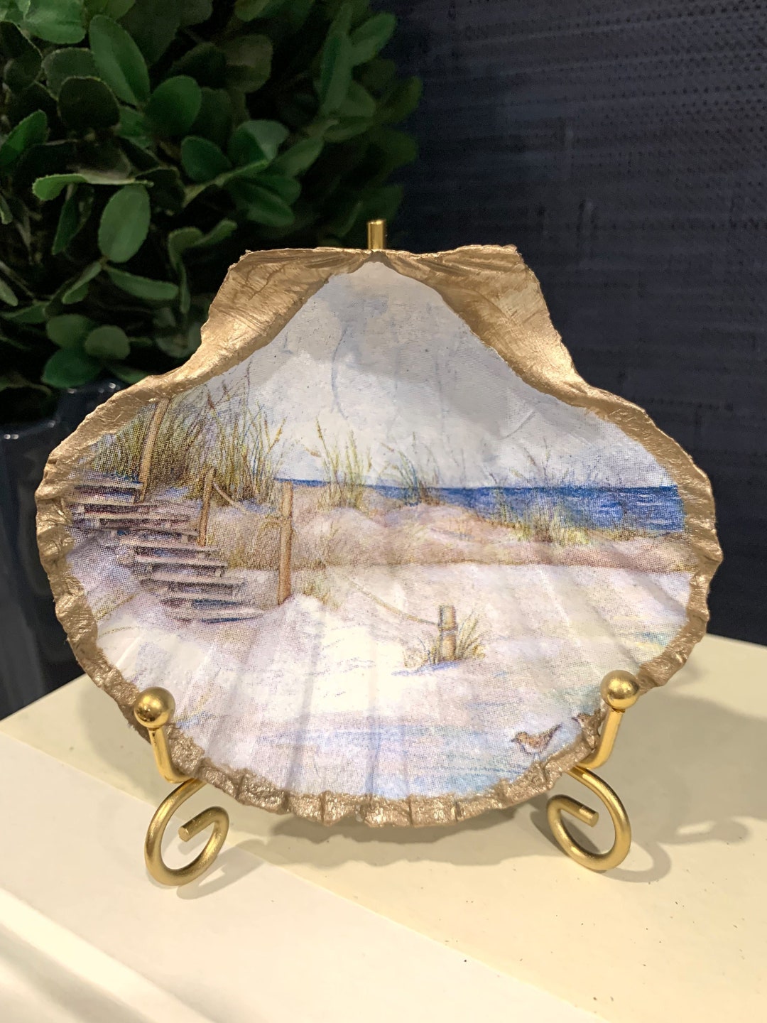 Decoupage Scallop Shell, Seashell Trinket Ring Dish, Coastal Christmas ...