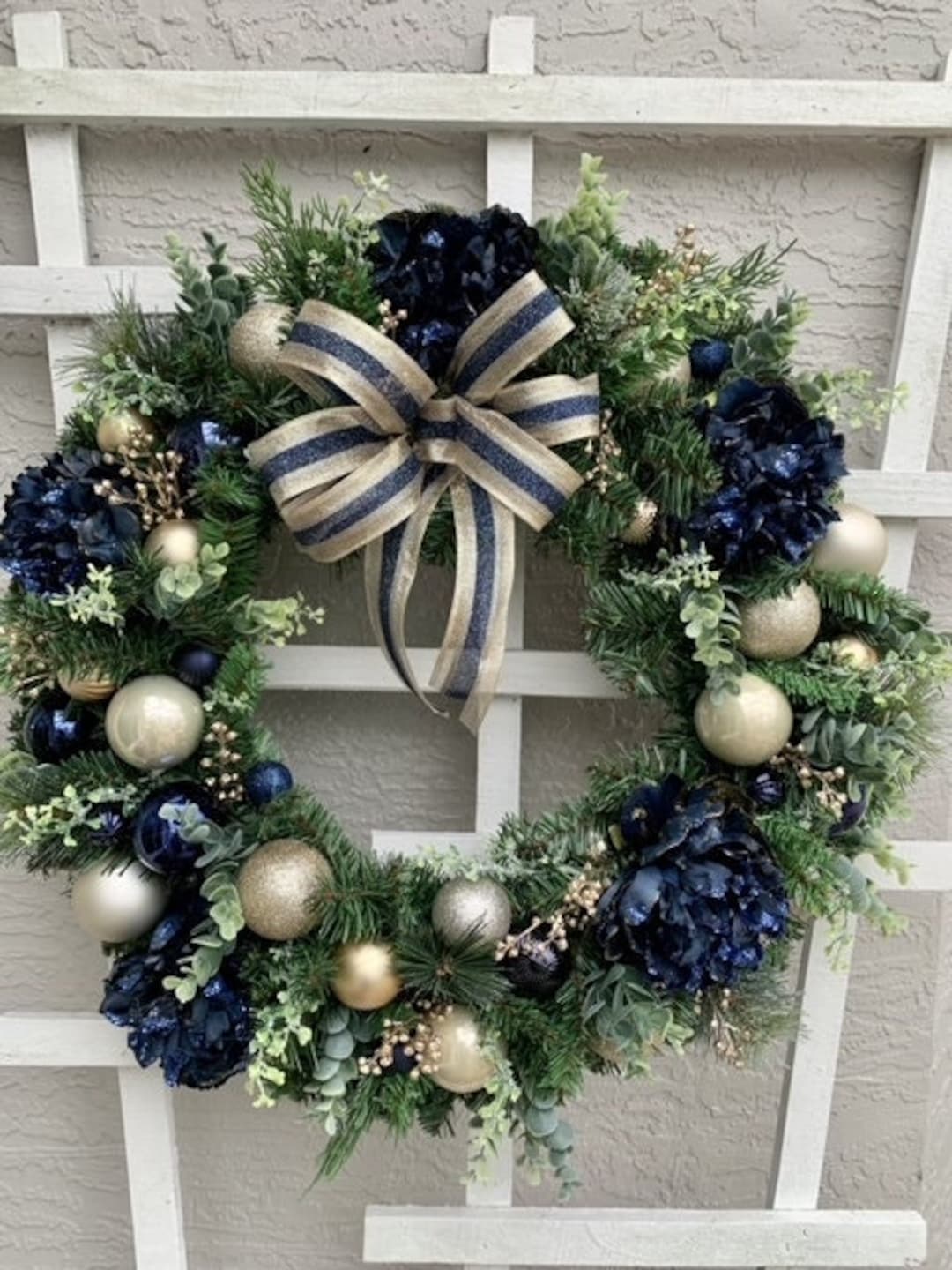 Blue Wreath, Navy and Gold Wreath, Wreath for Front Door, Christmas ...