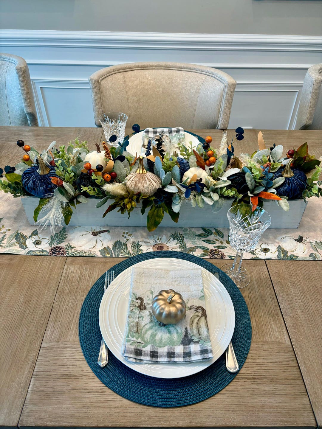 Blue Fall Centerpiece, Fall Pumpkin Table Arrangement, Autumn ...