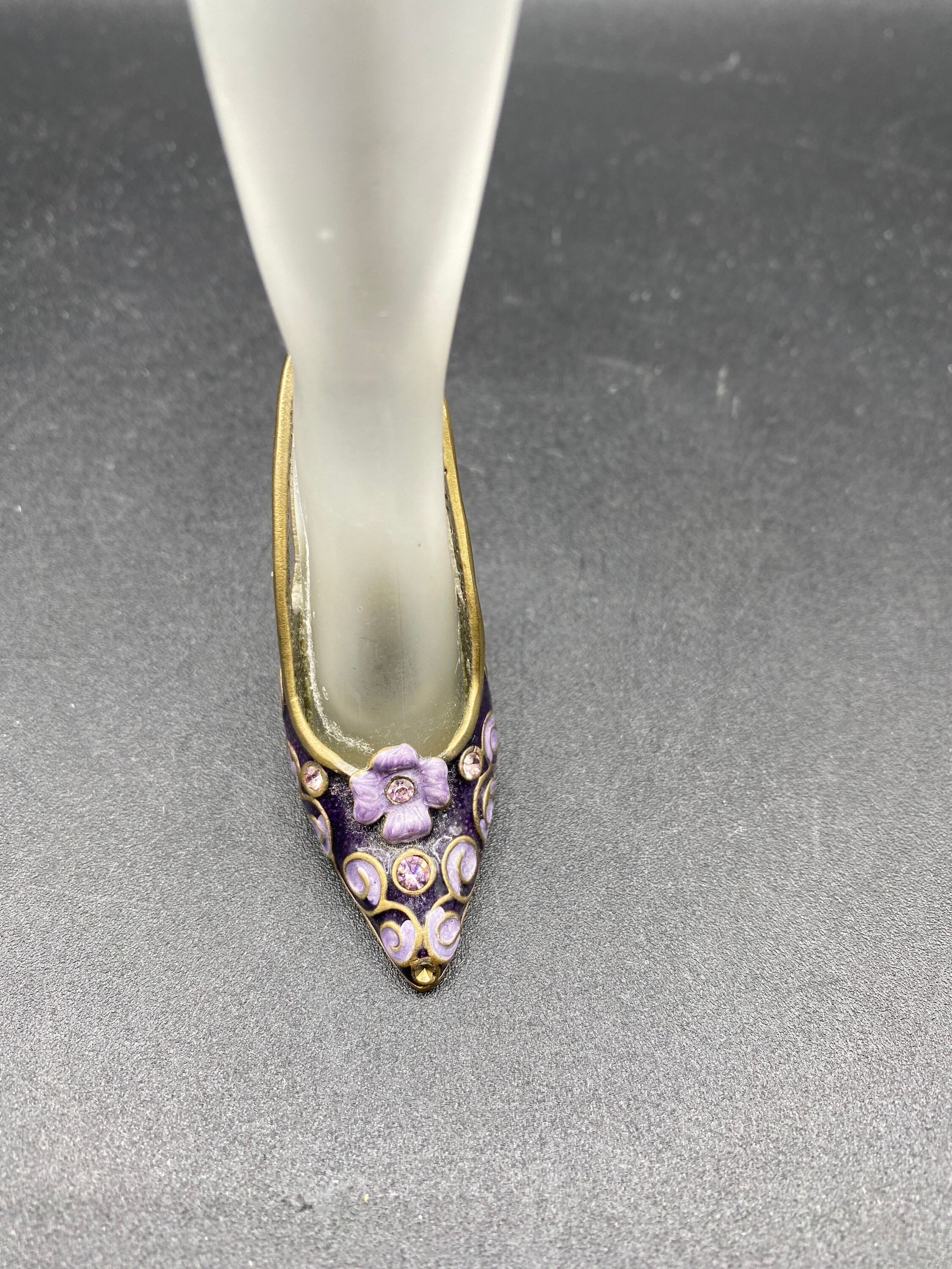 Frosted Glass High Heel Shoe Metal Perfume Bottle With Brass Top Floral ...