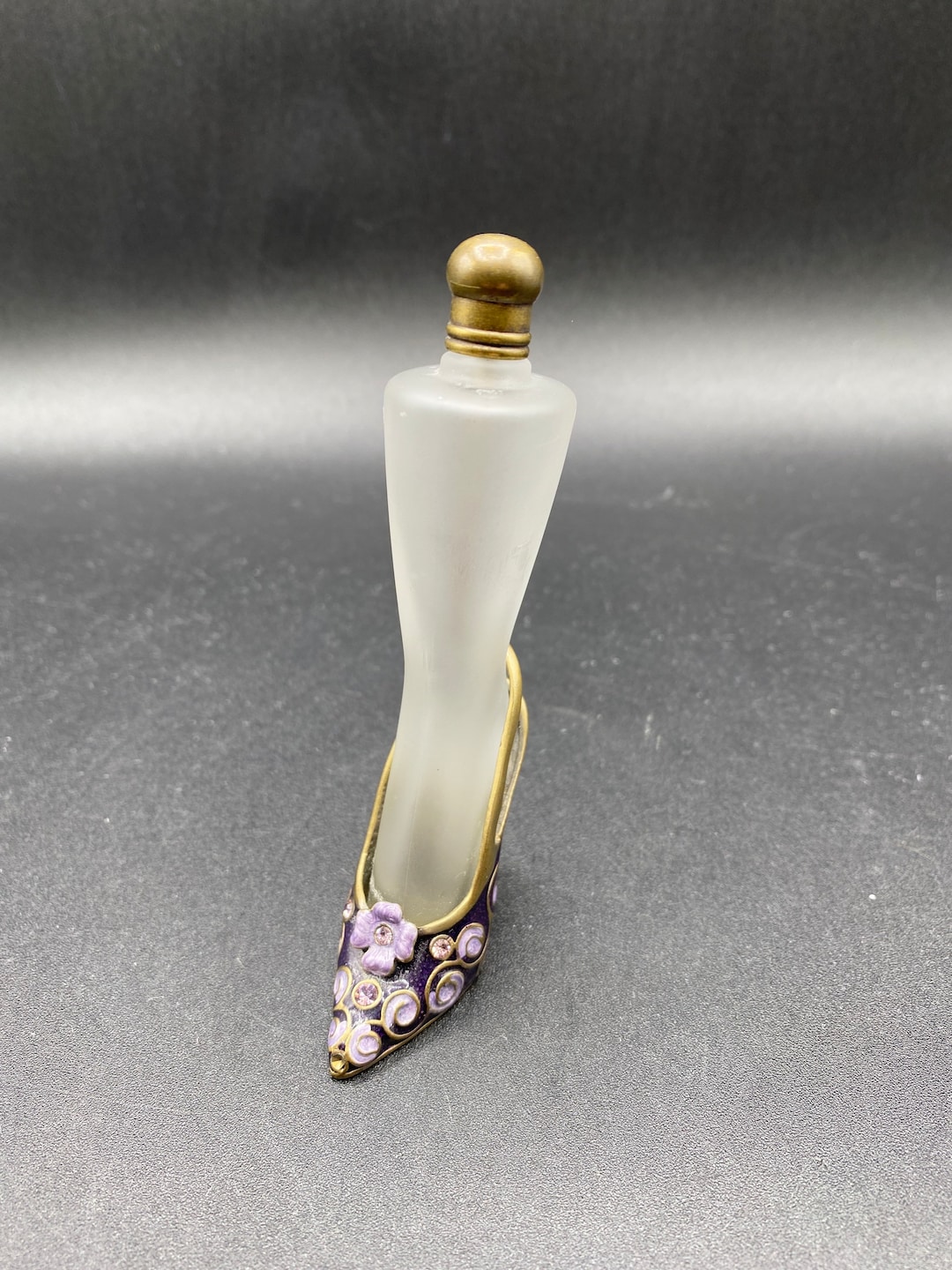 Frosted Glass High Heel Shoe Metal Perfume Bottle With Brass Top Floral ...