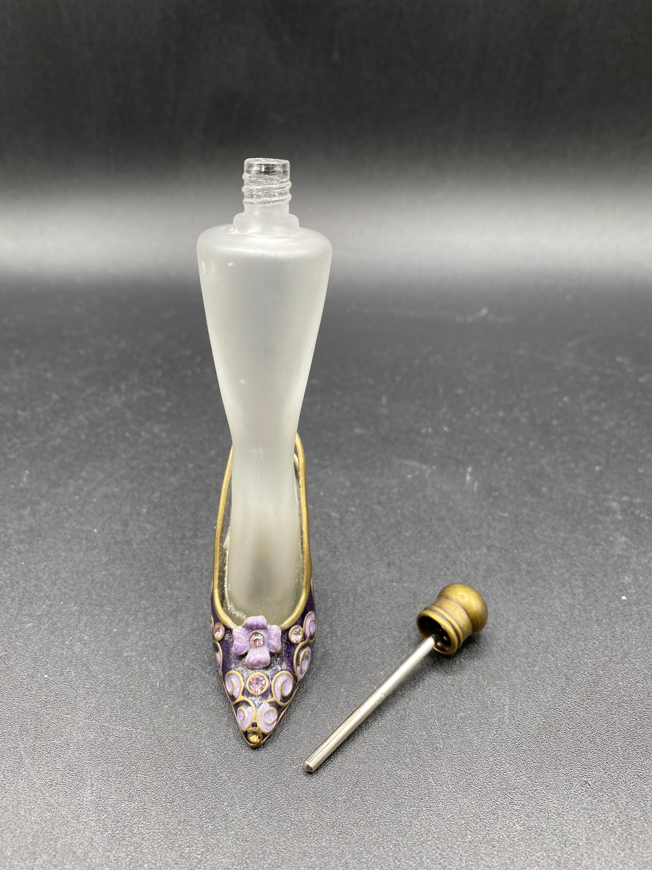 Frosted Glass High Heel Shoe Metal Perfume Bottle With Brass Top Floral ...