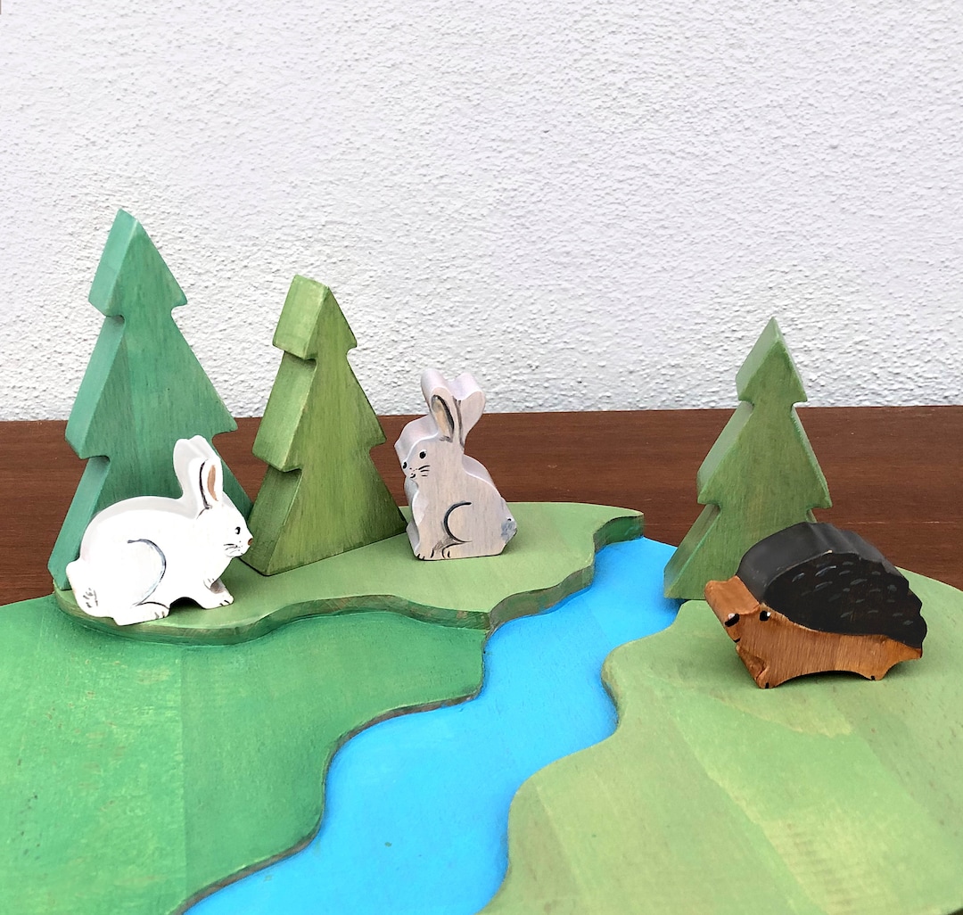 FOREST ANIMALS 2 Rabbits Hedgehog Made of Beech Wood as a Christmas ...