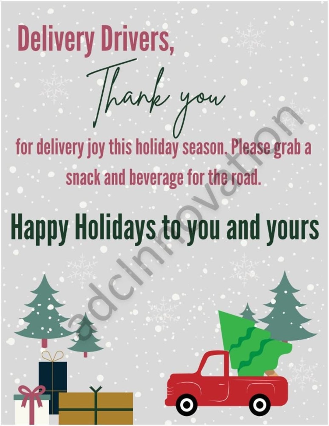 Holiday Delivery Driver Thank You Snack and Beverage Printable Sign ...