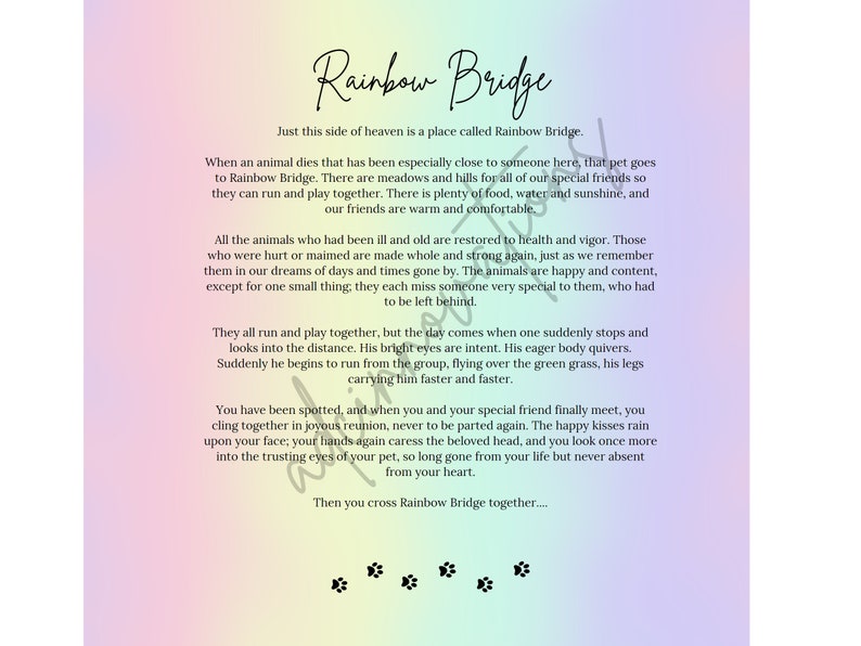 Rainbow Bridge - Dog Passing Poem - Comfort Poem 8x10 PDF -> Instant ...