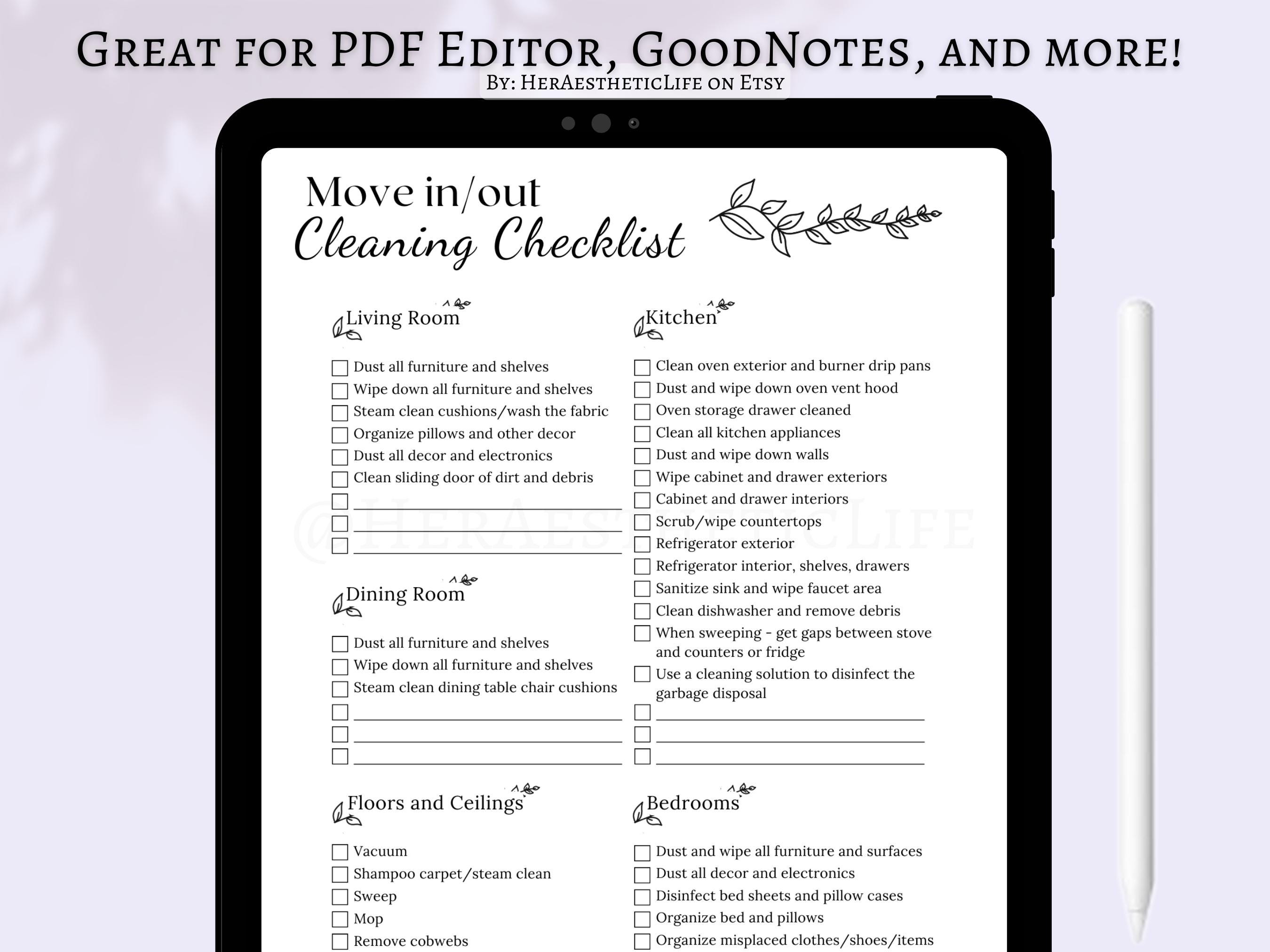 Move in Move Out Apartment Cleaning Checklist Template Editable Moving ...