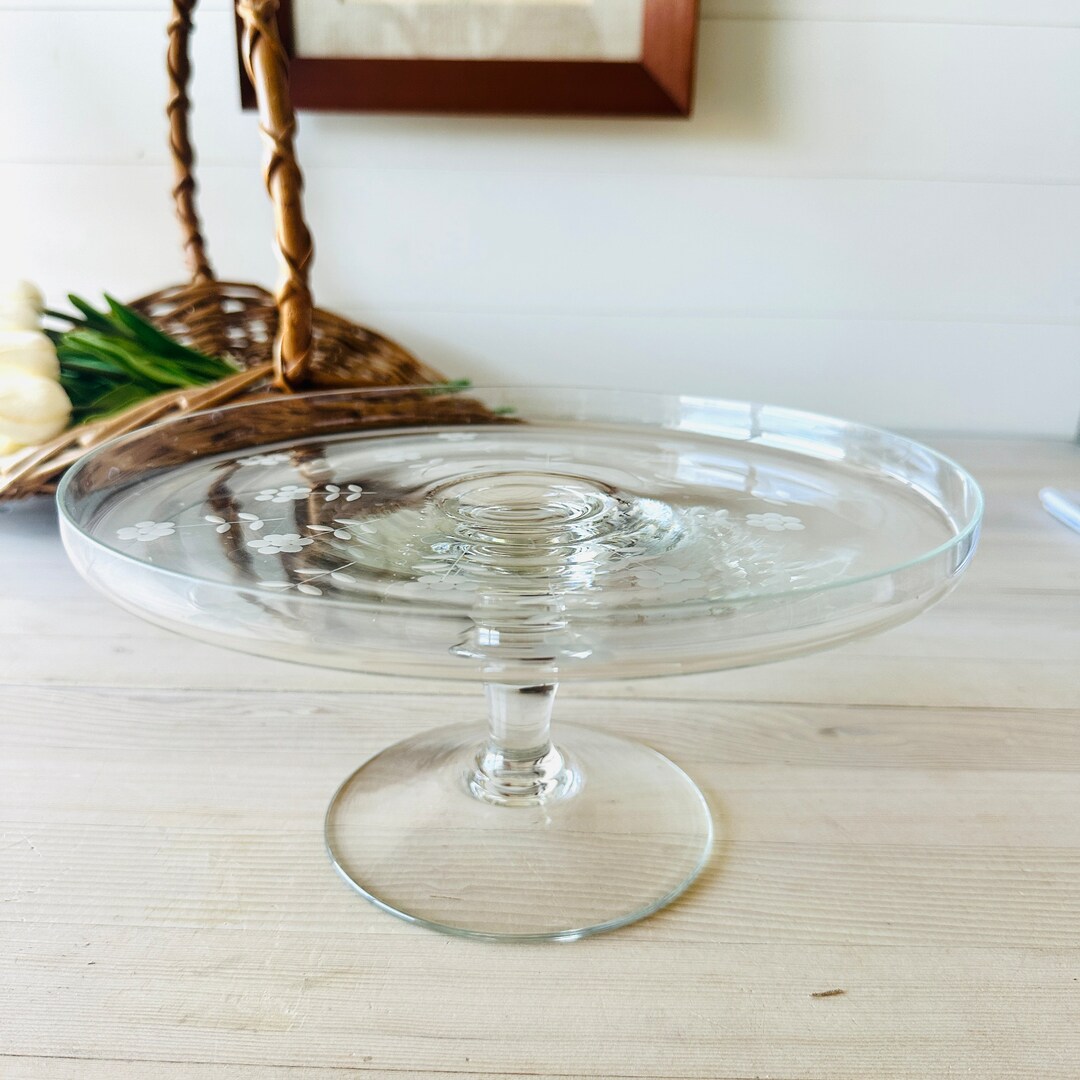 Vintage Blown Glass Clear Glass Etched Pedestal Cake Stand 9.25 Inches ...