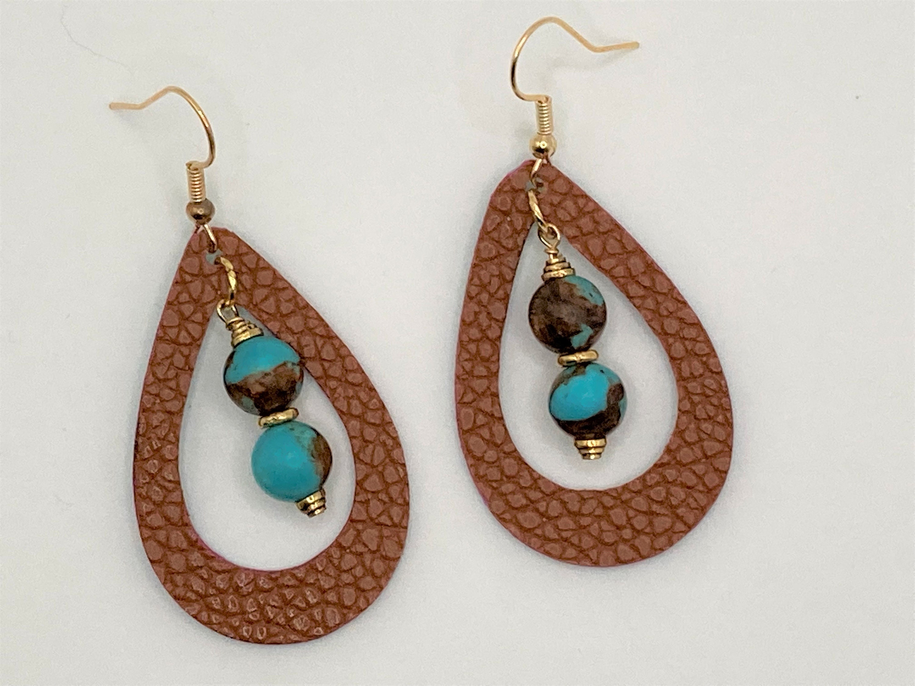 Faux Leather Brown Teardrop With Turquoise and Brown Bead - Etsy